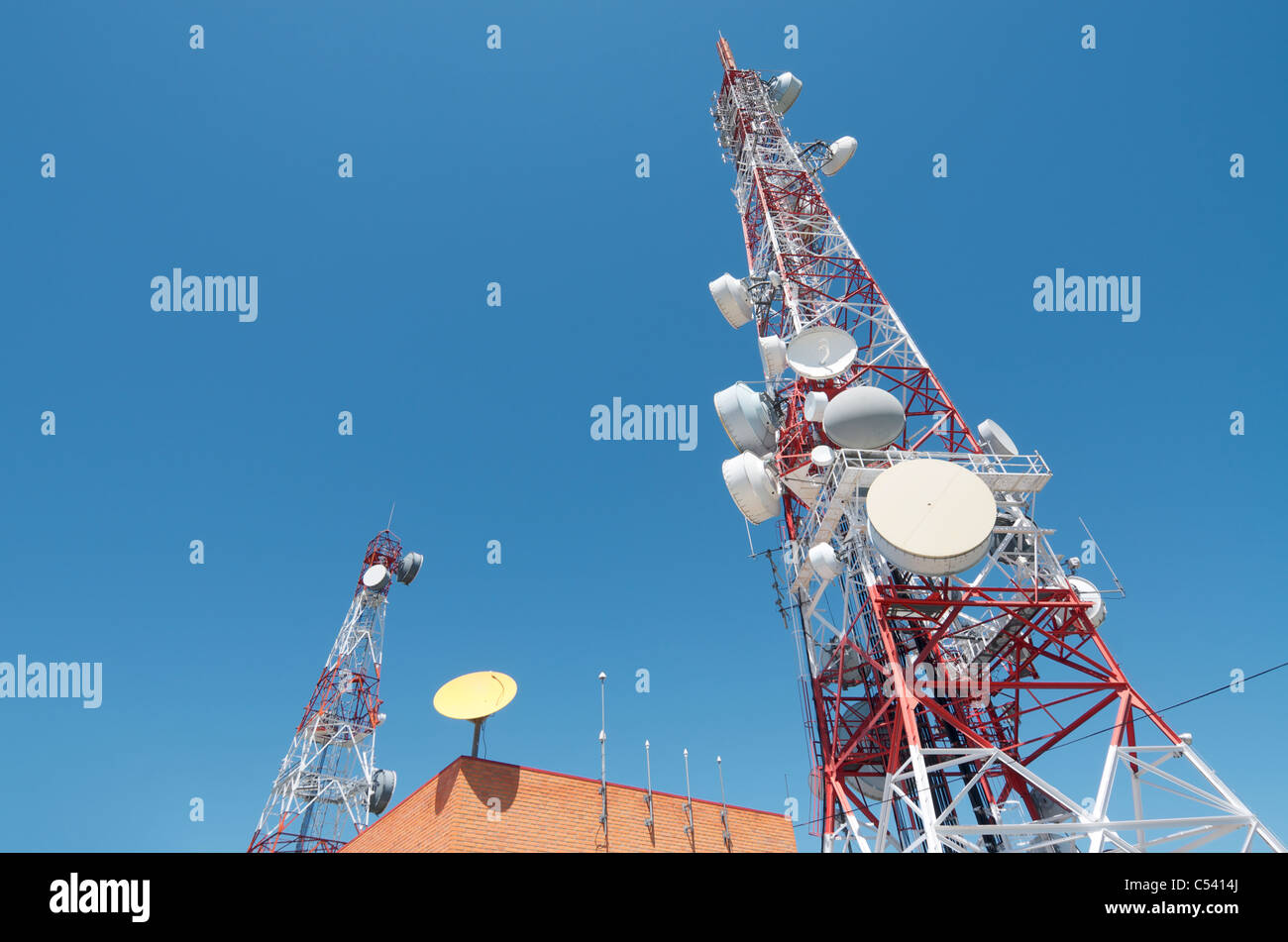 bottom view of a telecommunications tower with a clear blue sky Stock ...