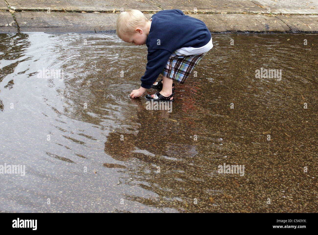 Boyhood discovery in a puddle Stock Photo - Alamy