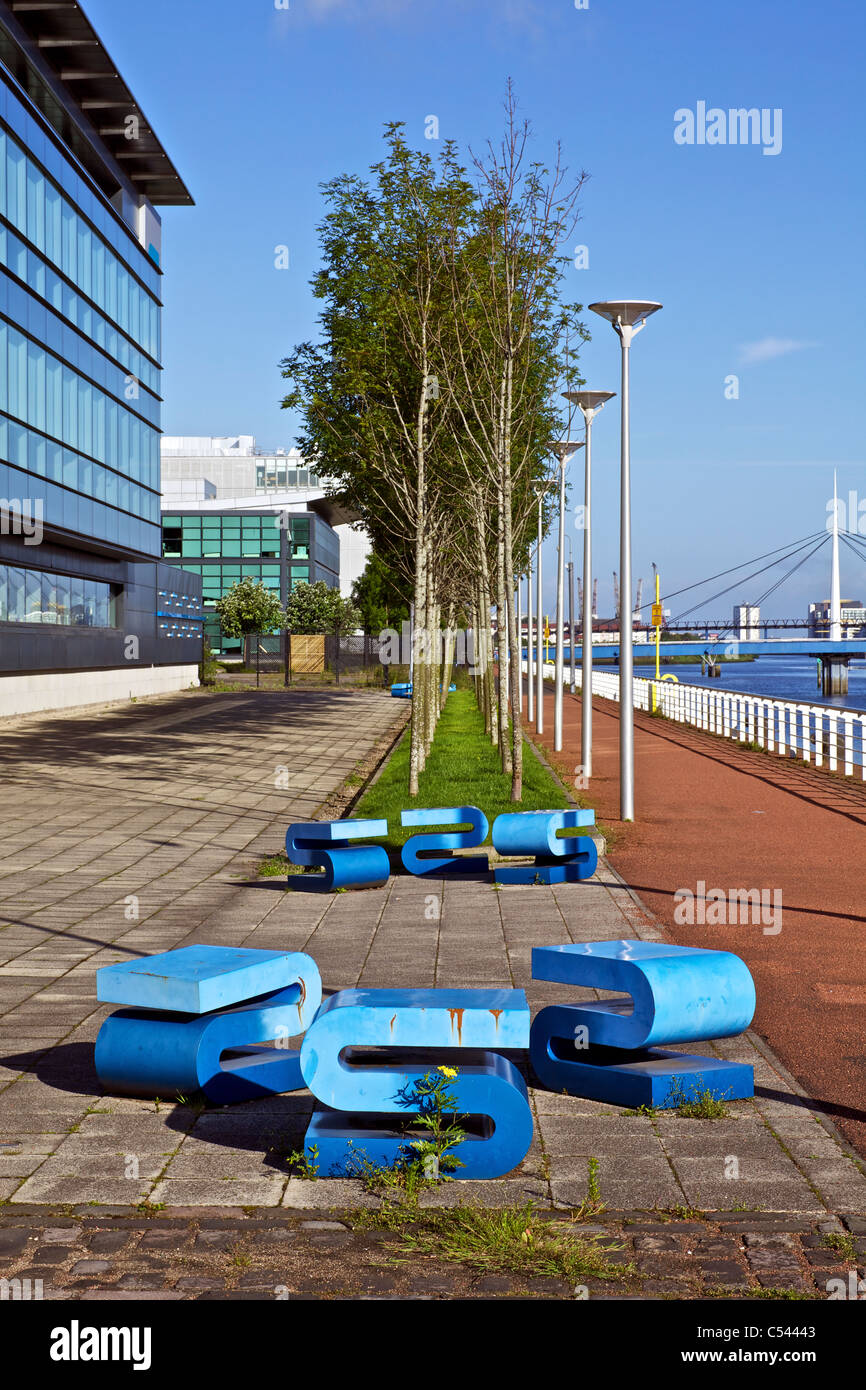 Groups of blue S shaped seats outside the STV studios beside the River ...