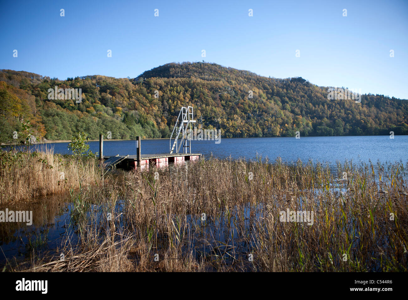 Pier at open lake surrounded by lush valley Stock Photo - Alamy