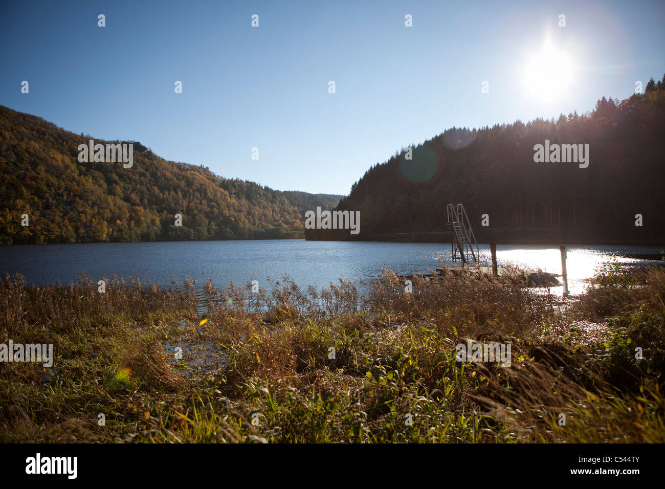 Pier at open lake surrounded by lush valley Stock Photo - Alamy