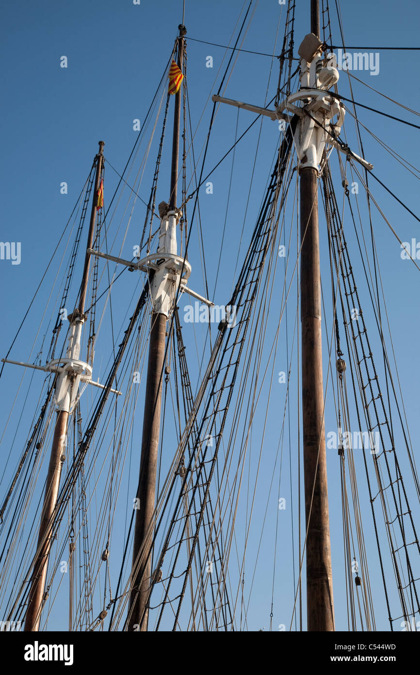 Rigging on ship without sails against blue sky background Stock Photo ...