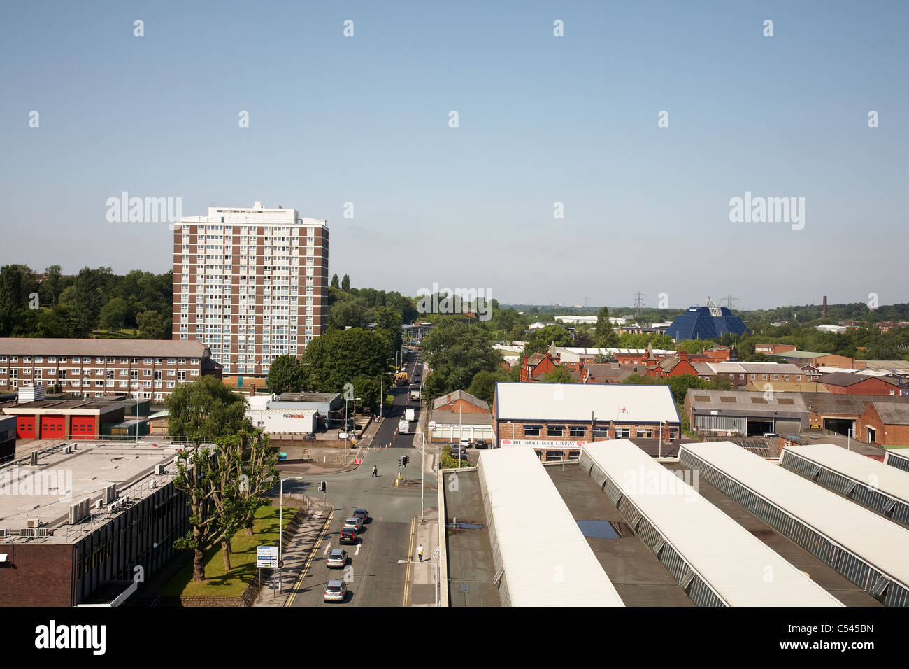 View towards Pyramid building as seen from viaduct in Stockport UK ...