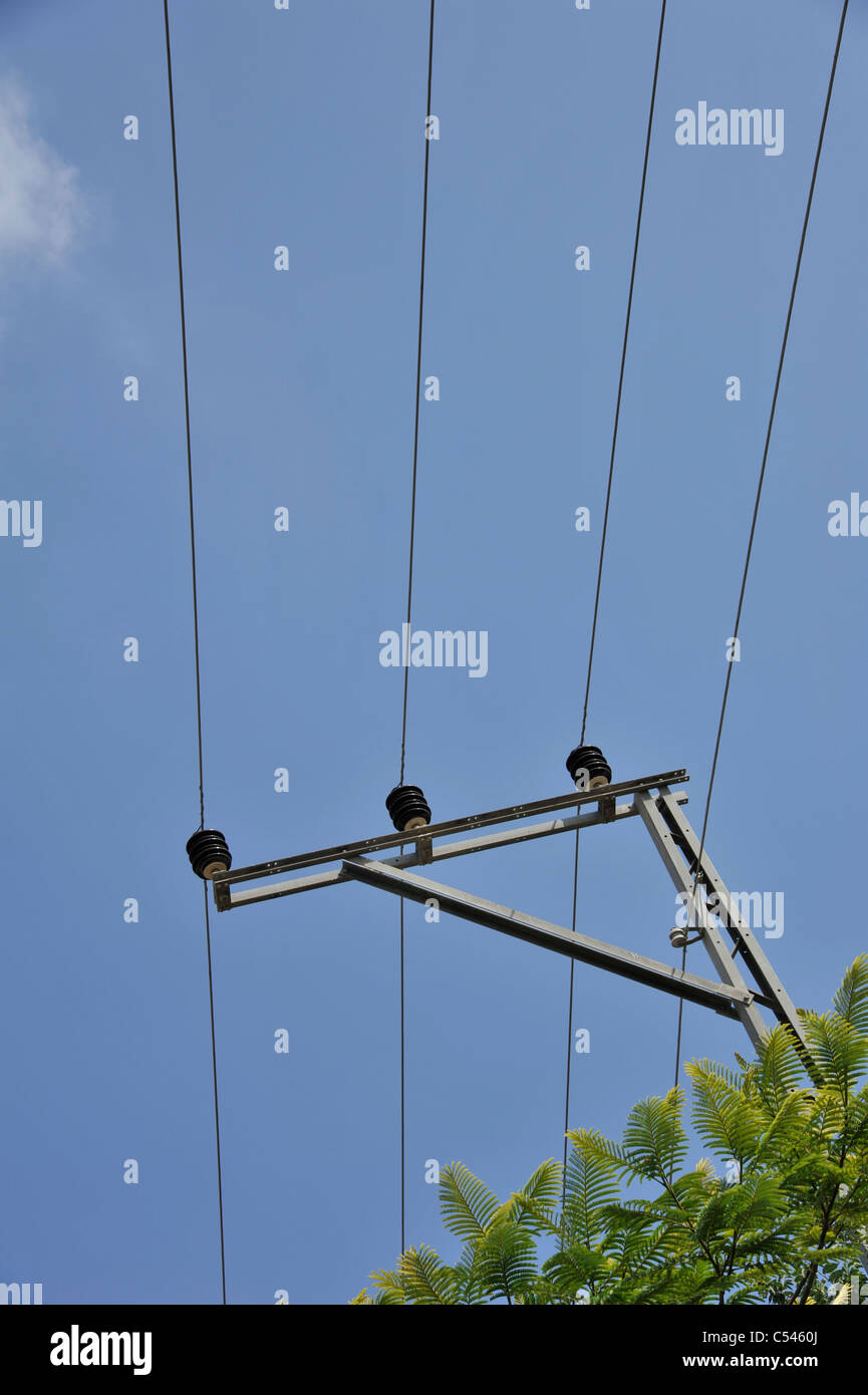Electric line, electric pillar under clear blue sky Stock Photo - Alamy