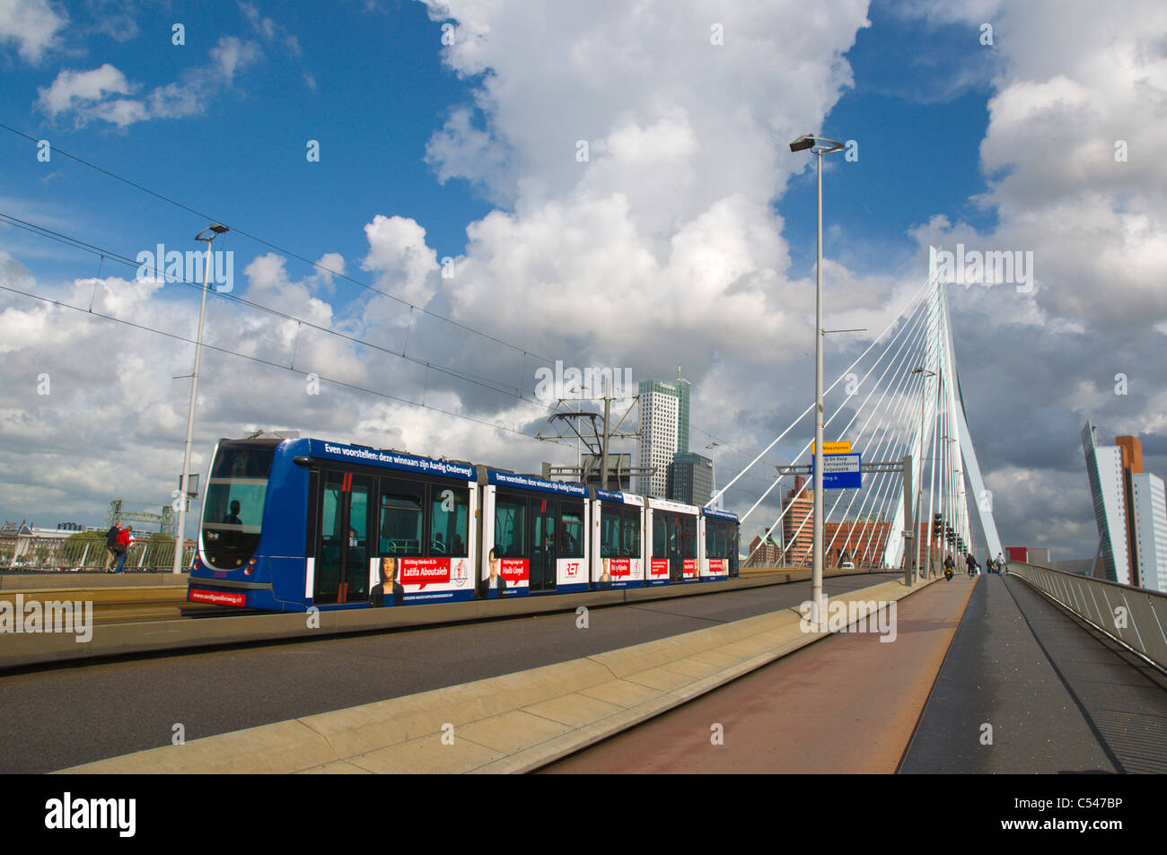 Tram on Erasmusbrug bridge Rotterdam the province of South Holland the ...