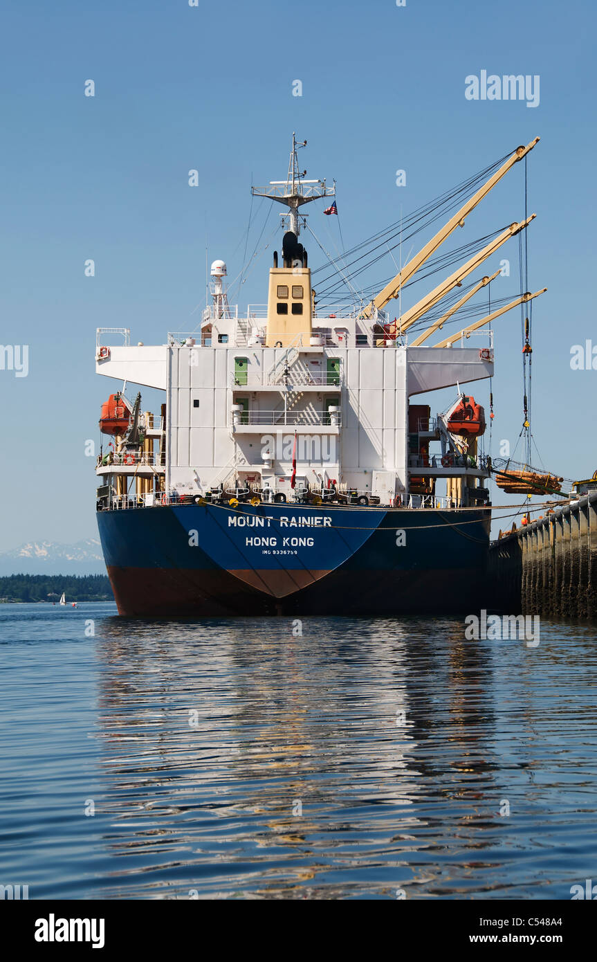 Cargo ship Mount Rainier is docked at the Port of Olympia loading logs ...