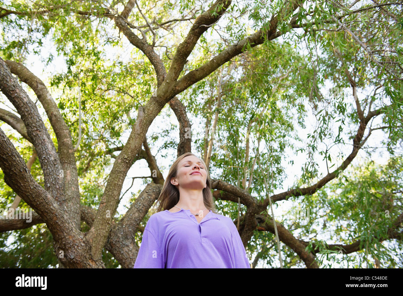 Young woman standing under a tree Stock Photo - Alamy