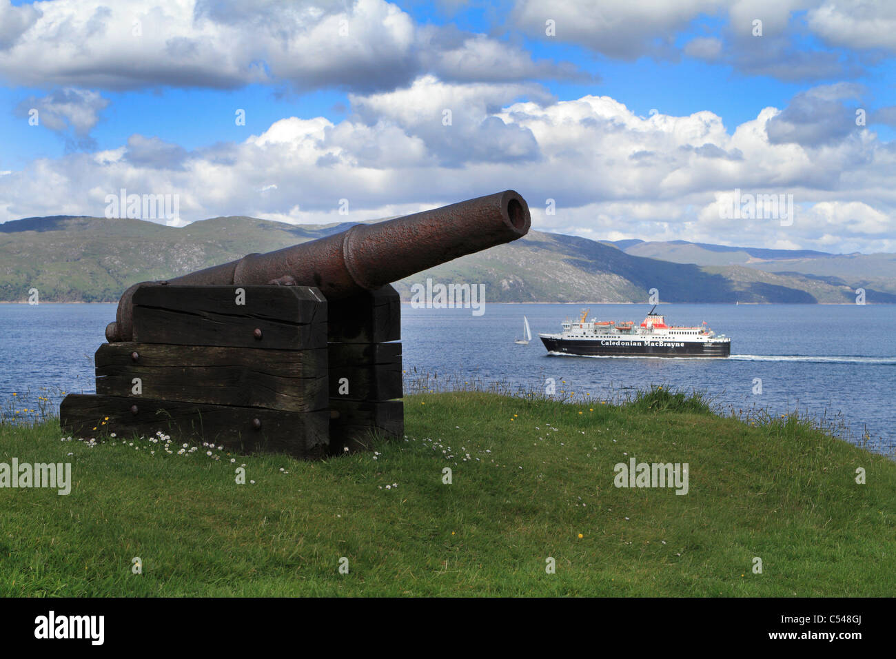 The Isle of Mull ferry seen from the grounds of Duart Castle with ...