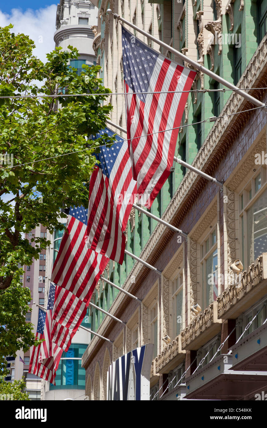 American flags outside a department store city centre usa Stock Photo ...