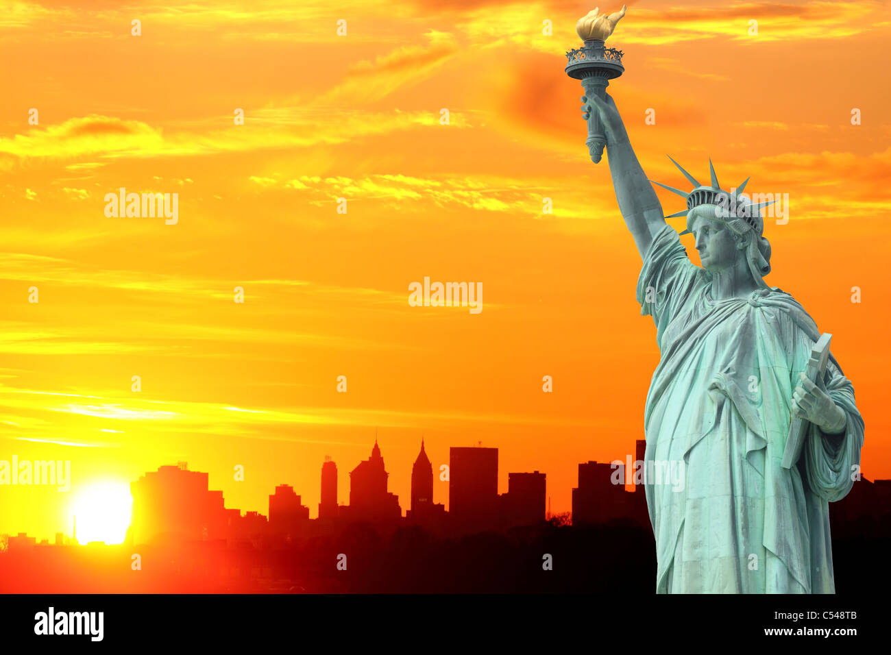 New York City Skyline and The Statue of Liberty at Sunset , Lower ...