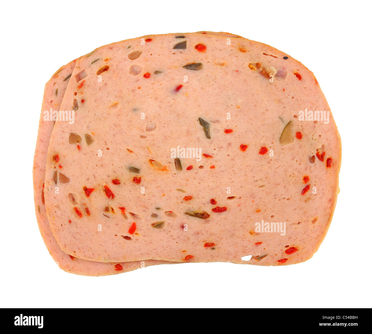 Two slices of pickle pimento luncheon meat Stock Photo - Alamy