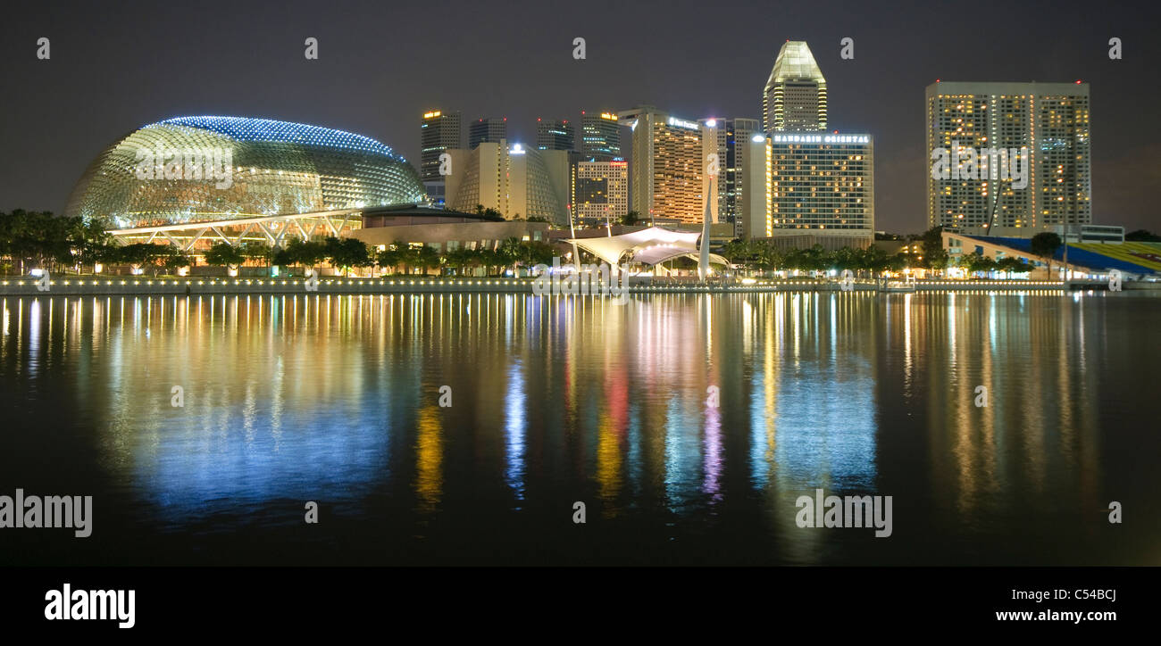 Esplanade Concert Hall at Marina Bay with skyline at night, Singapore, Southeast Asia, Asia ...