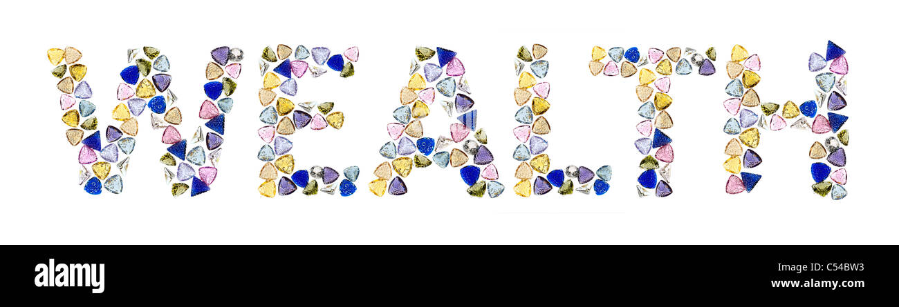 Gemstones words, "WEALTH". Isolated on white background Stock Photo - Alamy