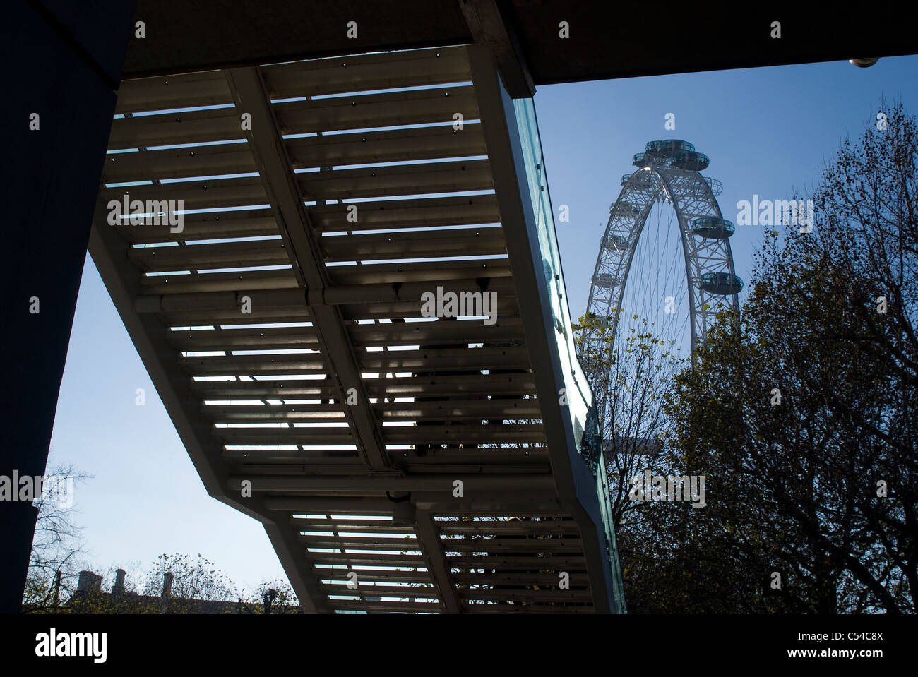 Steps to Hungerford Bridge over the Thames with the London Eye, London ...
