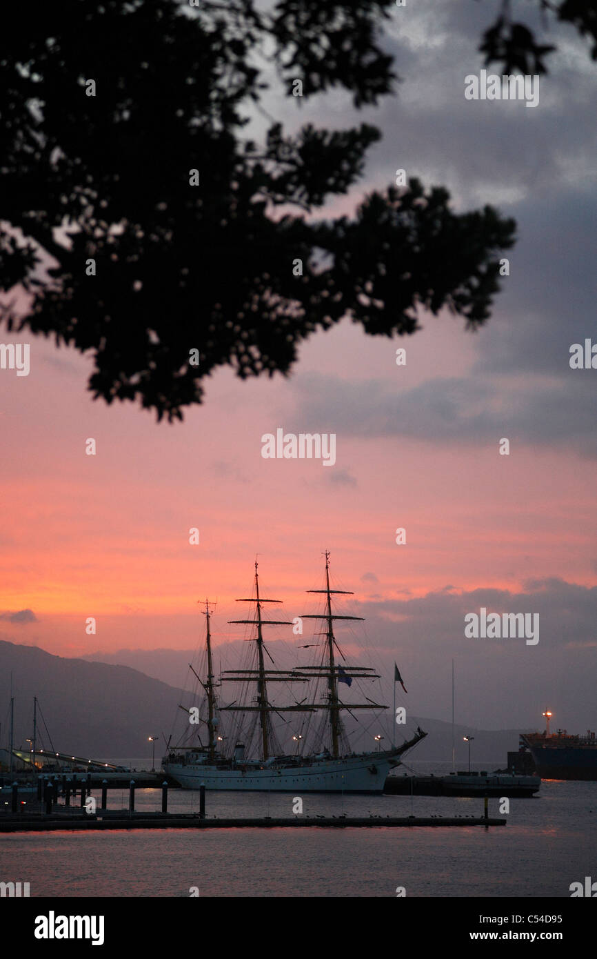 German training ship Gorch Fock in the Portas do Mar complex at sunrise ...