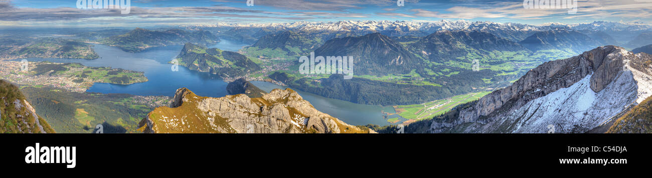 Panorama of Lake Lucerne and surrounding alpine mountains range seen ...