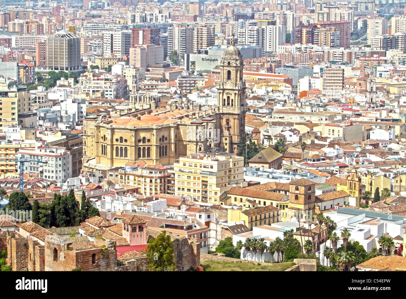 City of Malaga Spain the Mediterranean Sea port showing downtown with ...