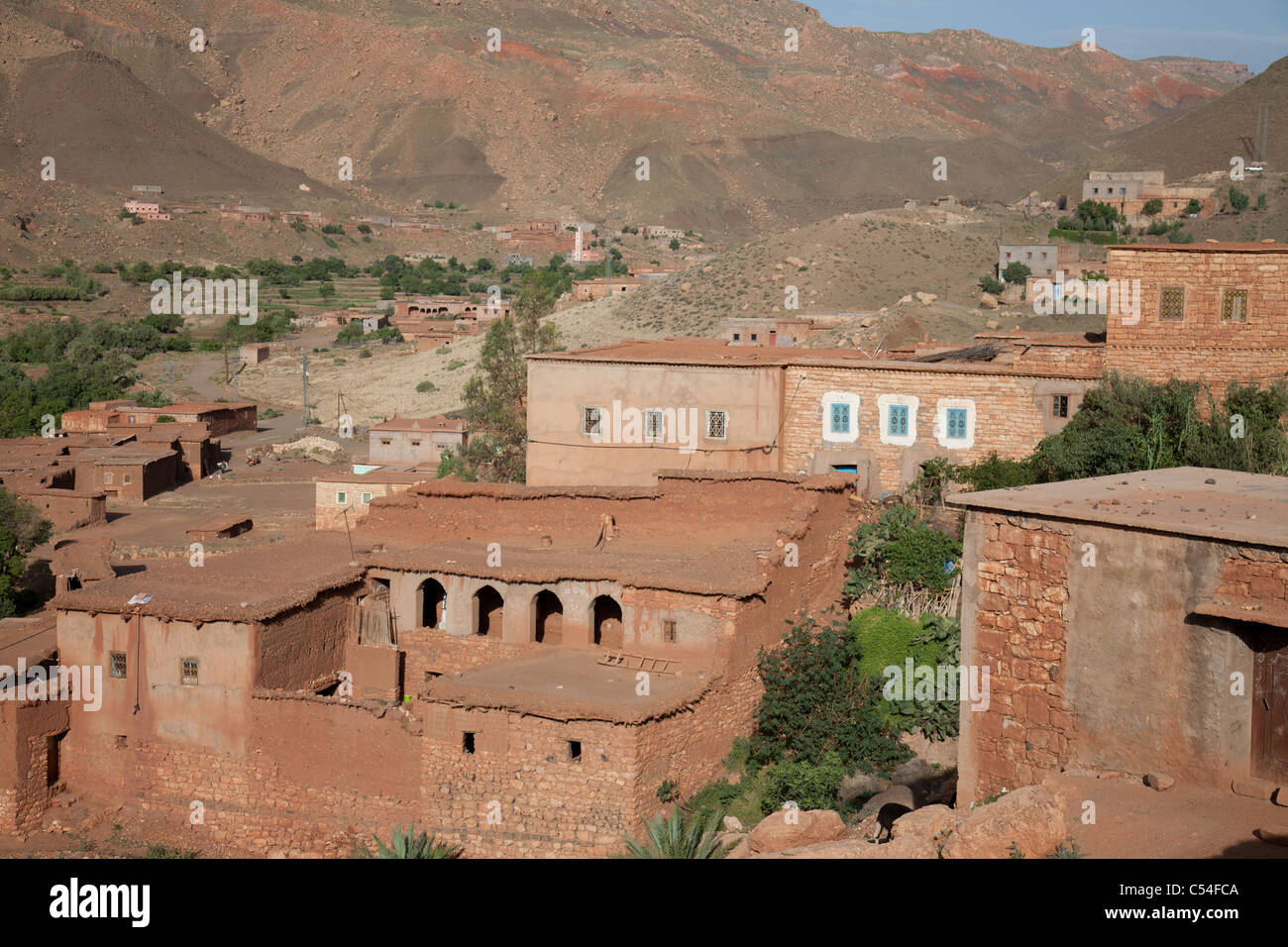 View of a Berber village from the Tichki Pass, road between Marrakesh ...