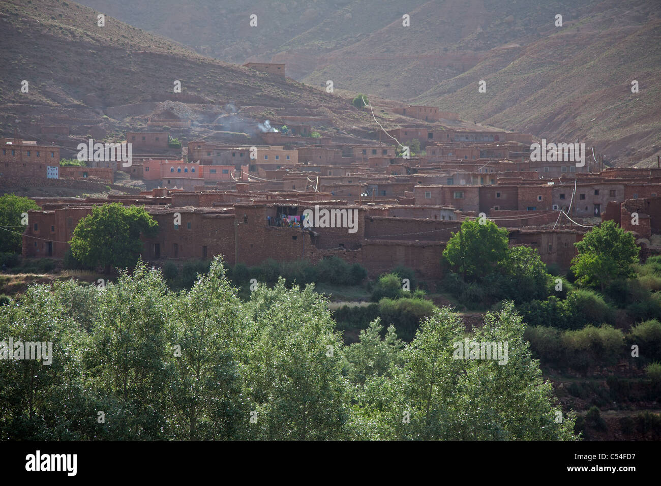 View of a Berber village from the Tichki Pass, road between Marrakesh ...