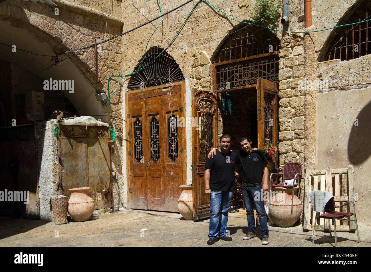 Two Arab brothers posing in a courtyard in Old Jaffa Tel Aviv Israel ...