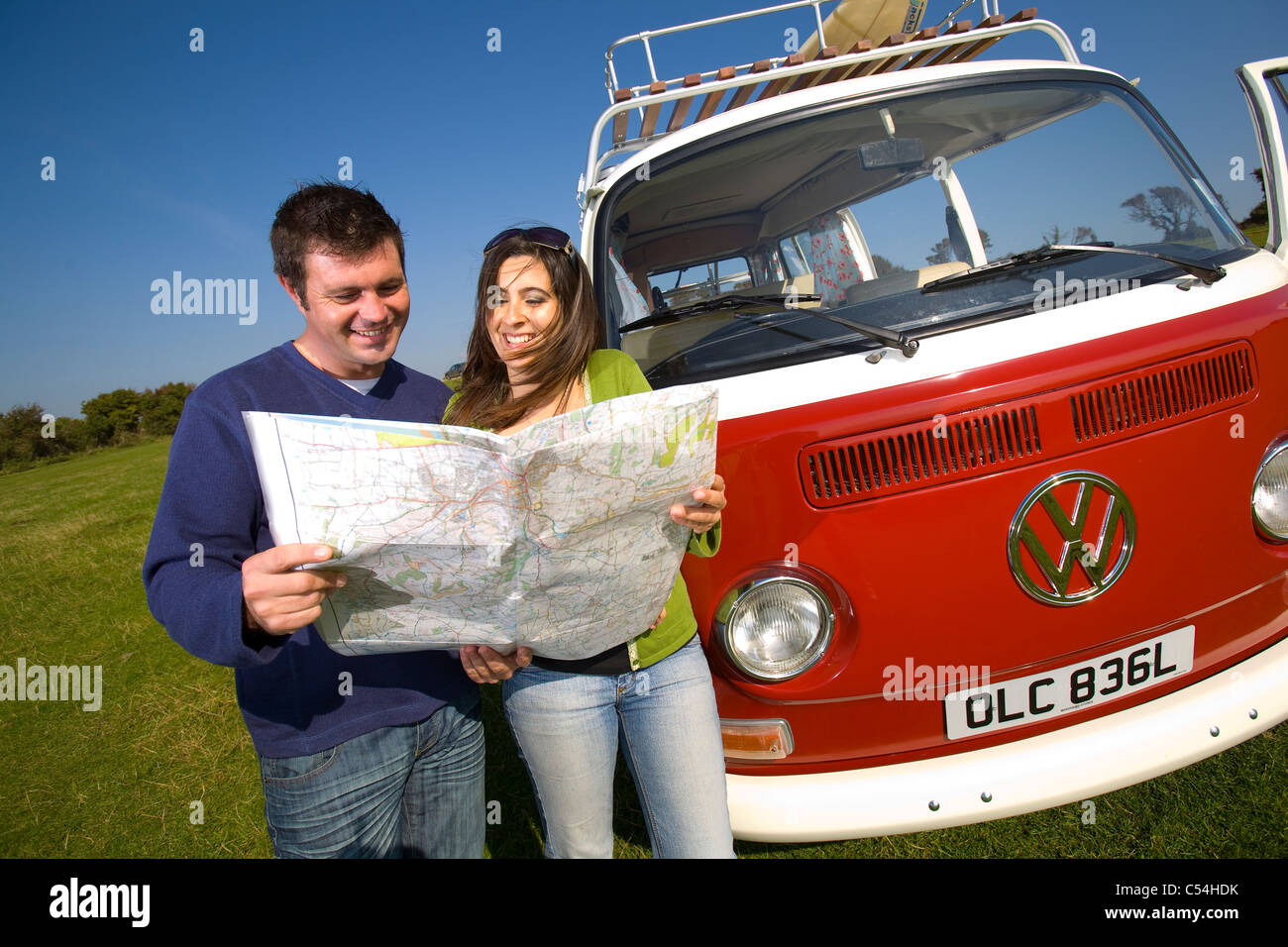 man, woman, Couple, reading, map, driving, holiday, Classic Volkswagen ...