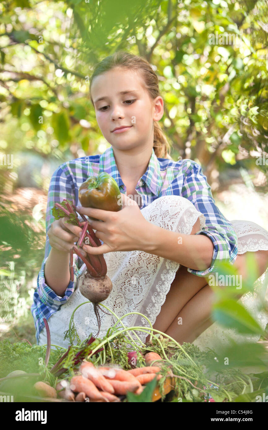 Girl choosing vegetables from a crate Stock Photo - Alamy