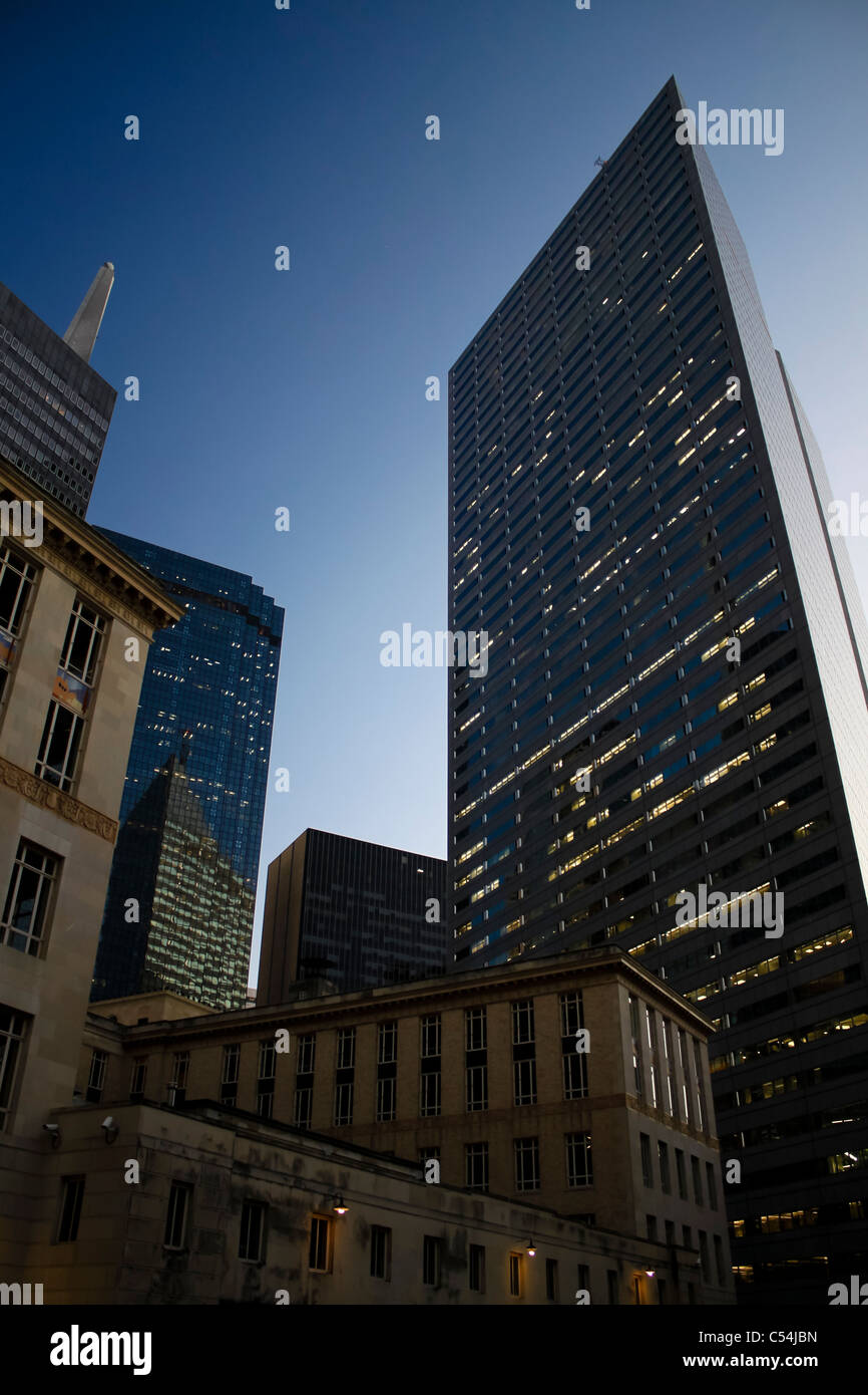 Buildings in Downtown Dallas shot in upwards perspective at dusk Stock ...