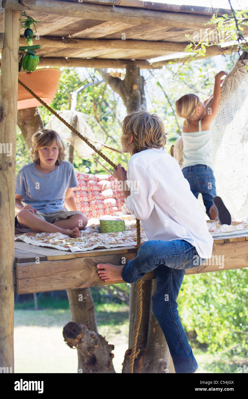 Rear view of a boy grasping rope to reach tree house Stock Photo - Alamy