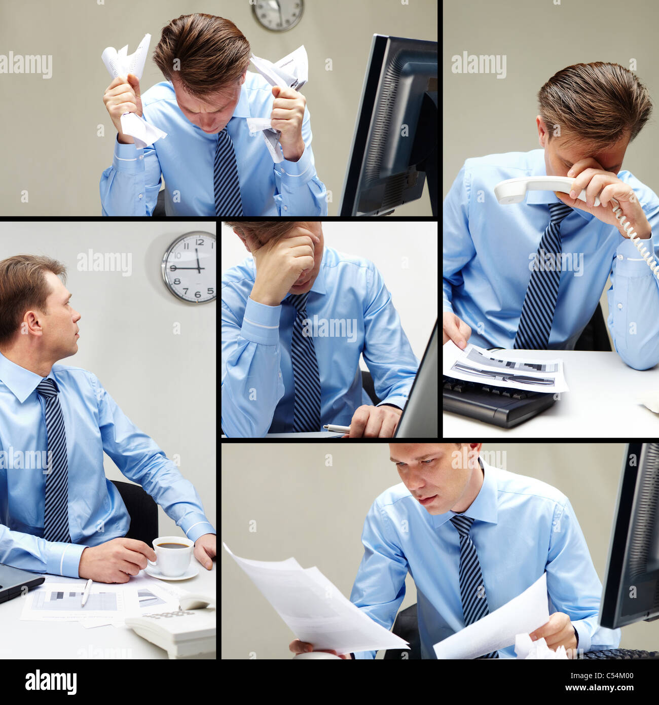Collage of businessman at workplace in different situations Stock Photo ...