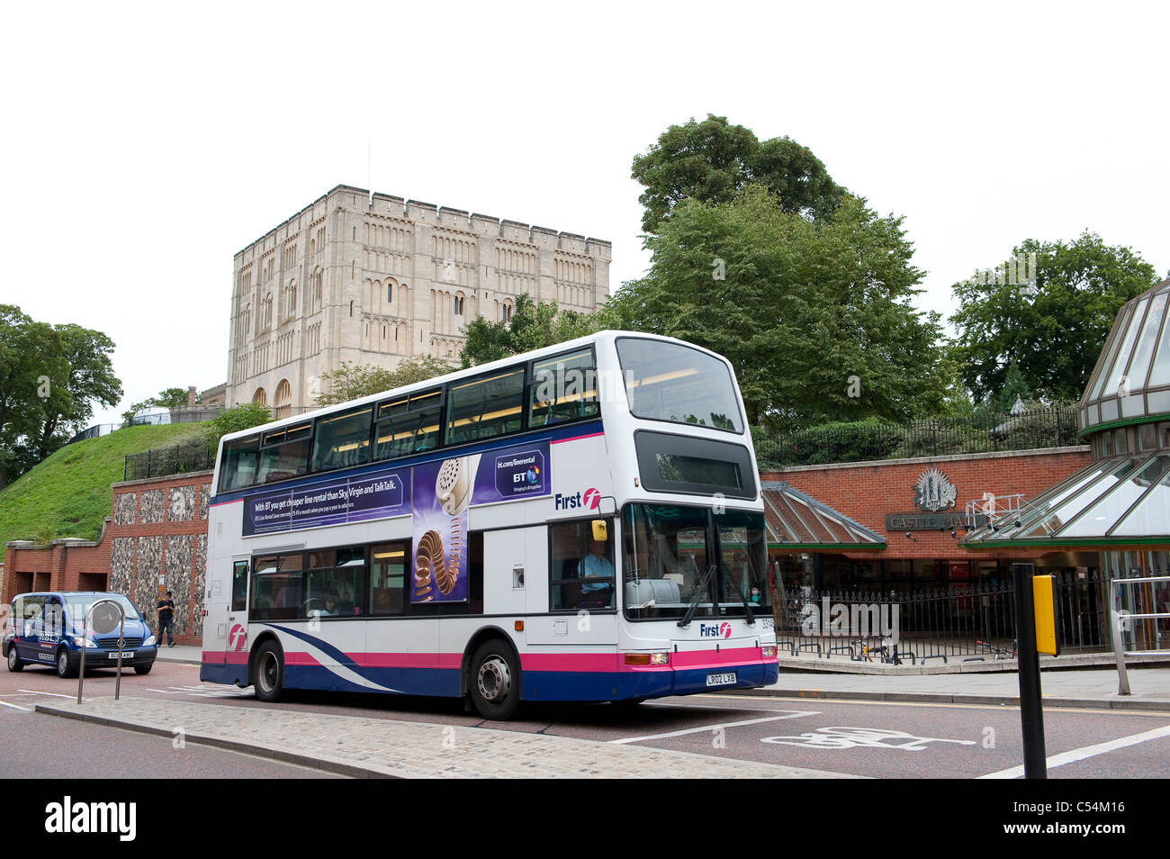 Double decker bus in Firstbus livery driving through Norwich city ...