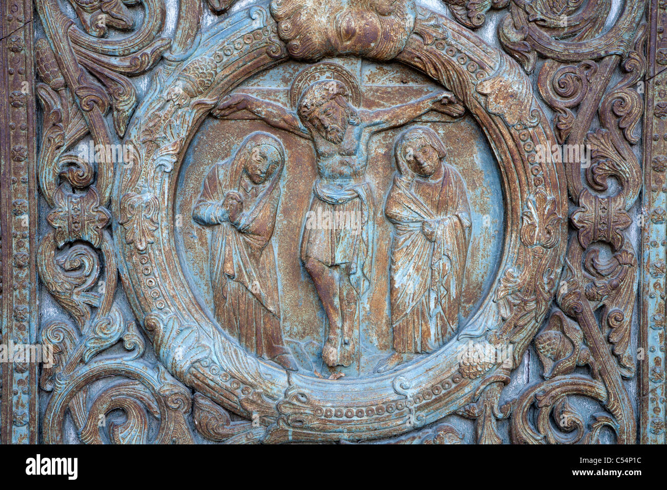 Paris - detail from main gate of Saint Denis - Jesus on the cross Stock ...