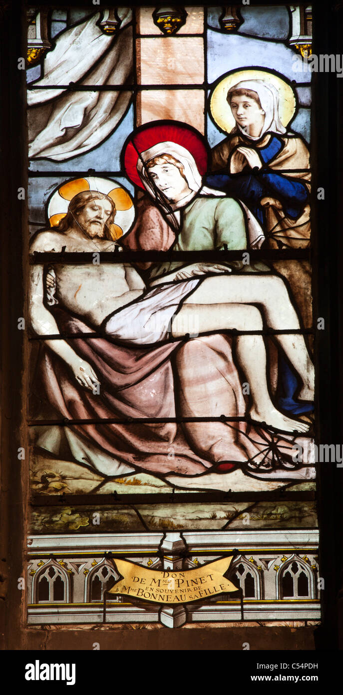 Paris - windowpane from Saint Severin gothic church - Pieta Stock Photo ...