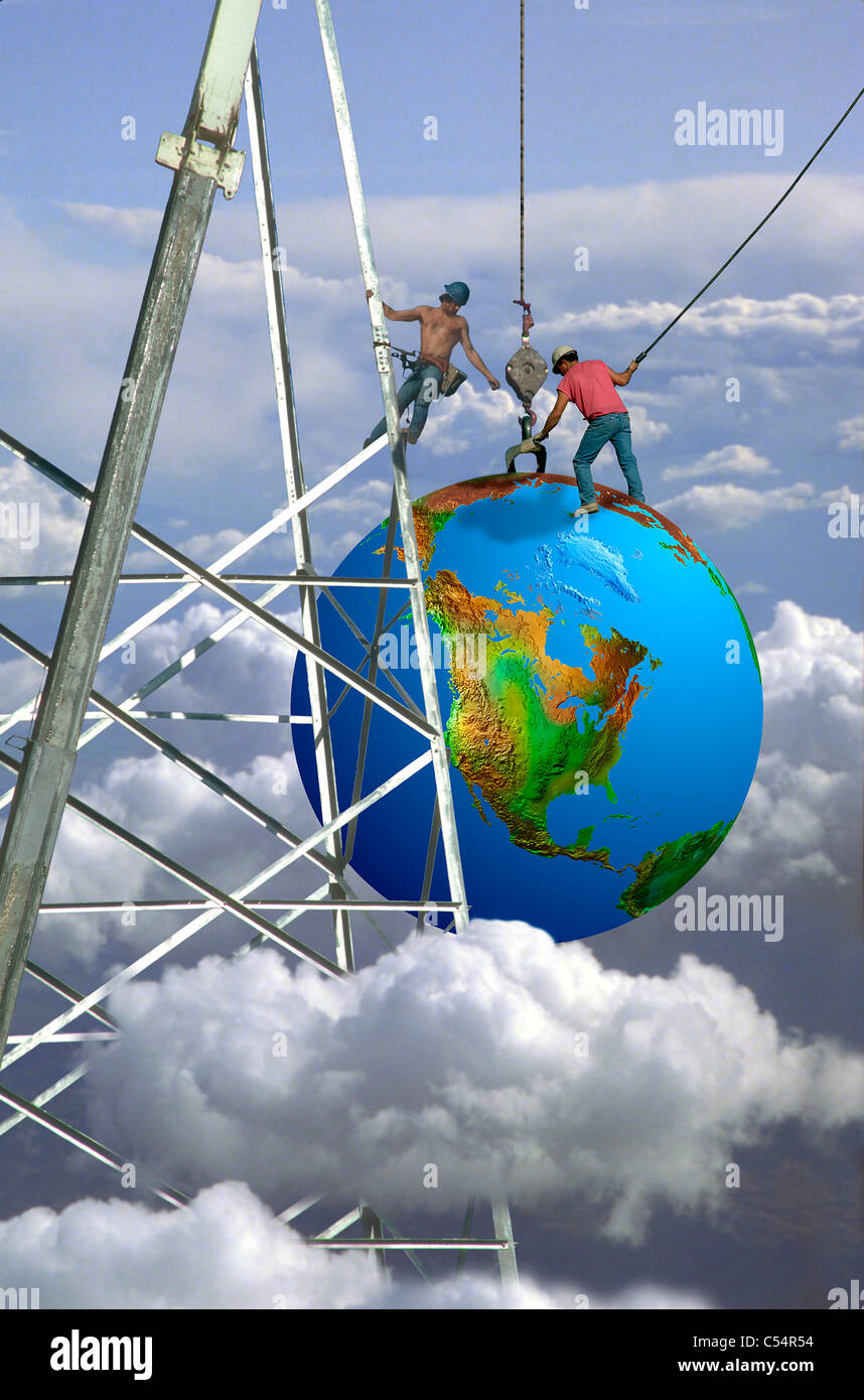 Two repairmen fixing the earth Stock Photo - Alamy