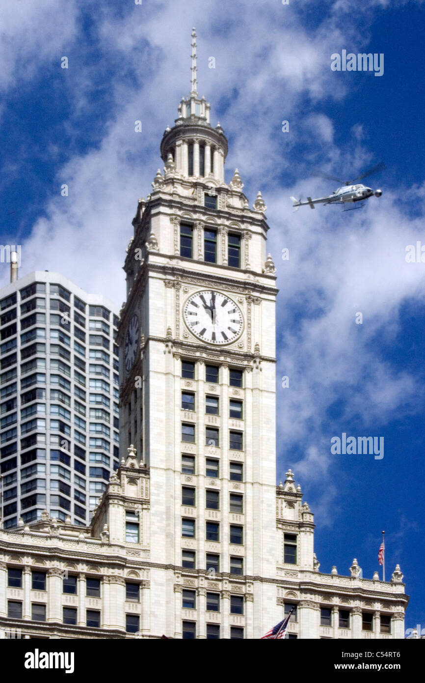 Low angle view of a clock tower, Wrigley Building, Michigan Avenue ...