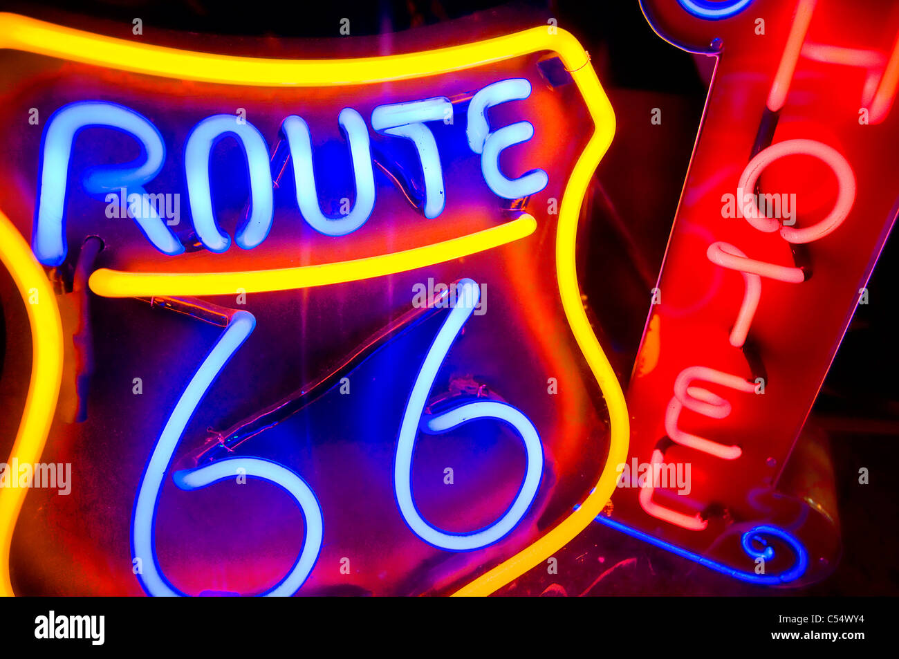 Close-up of neon signs, Route 66, New Mexico, USA Stock Photo - Alamy