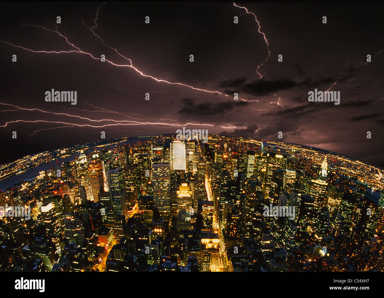 USA, New York, New York City, Lightning's above city ant night Stock ...