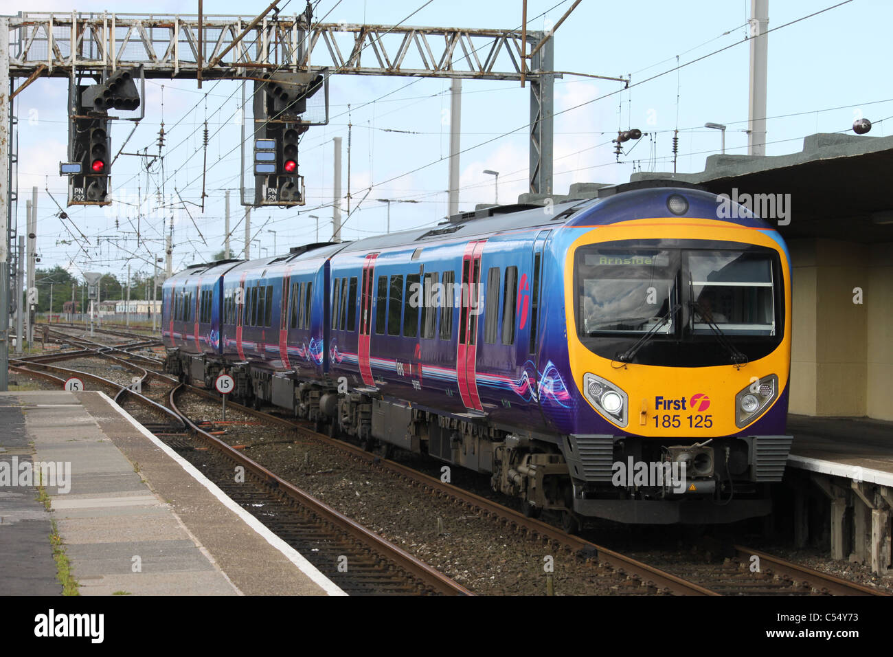 Class 185 diesel multiple unit arriving at Carnforth station with a ...
