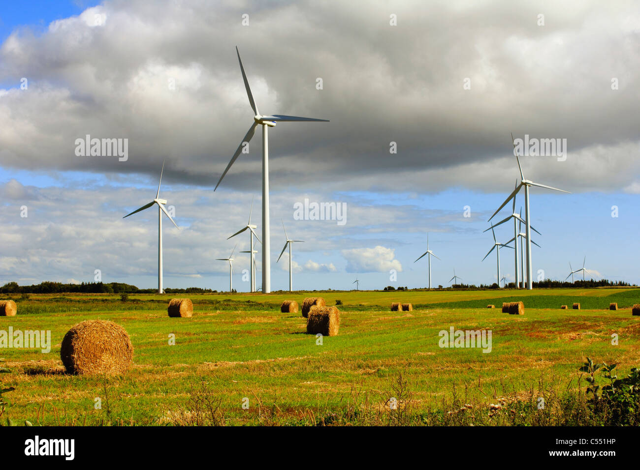 Hay bales and wind turbine in a field, Prince Edward Island, Canada ...