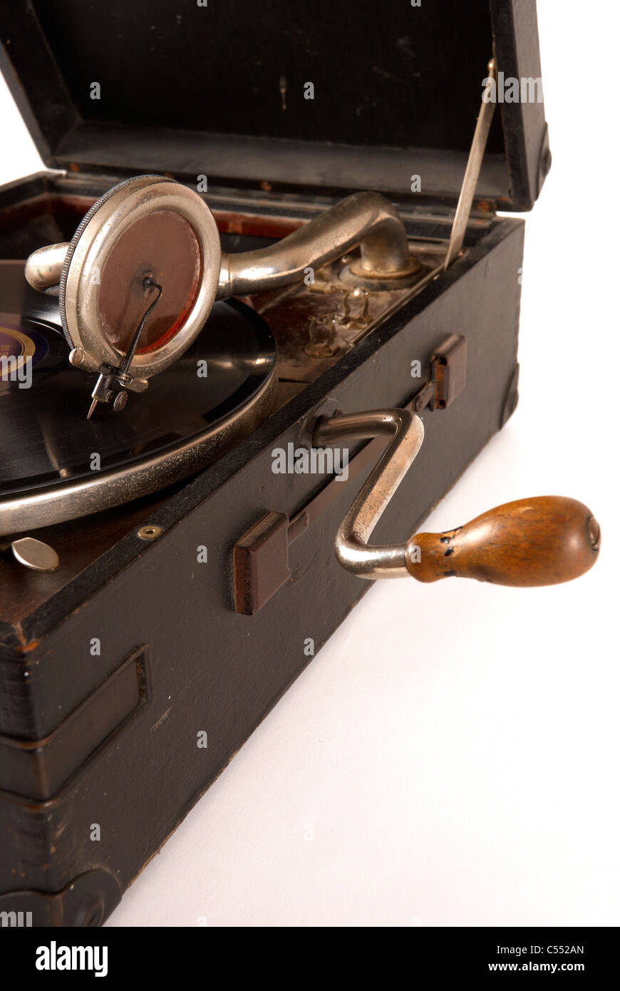 Detail of a vintage gramophone with its handle Stock Photo - Alamy