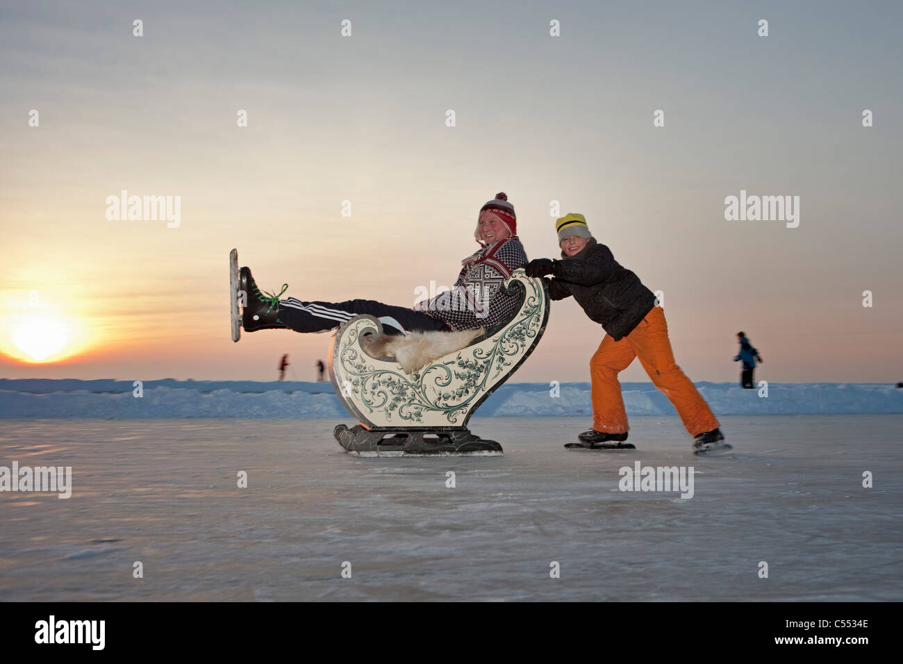The Netherlands, Hindeloopen, the Dutch capital of skating culture. Boy ...