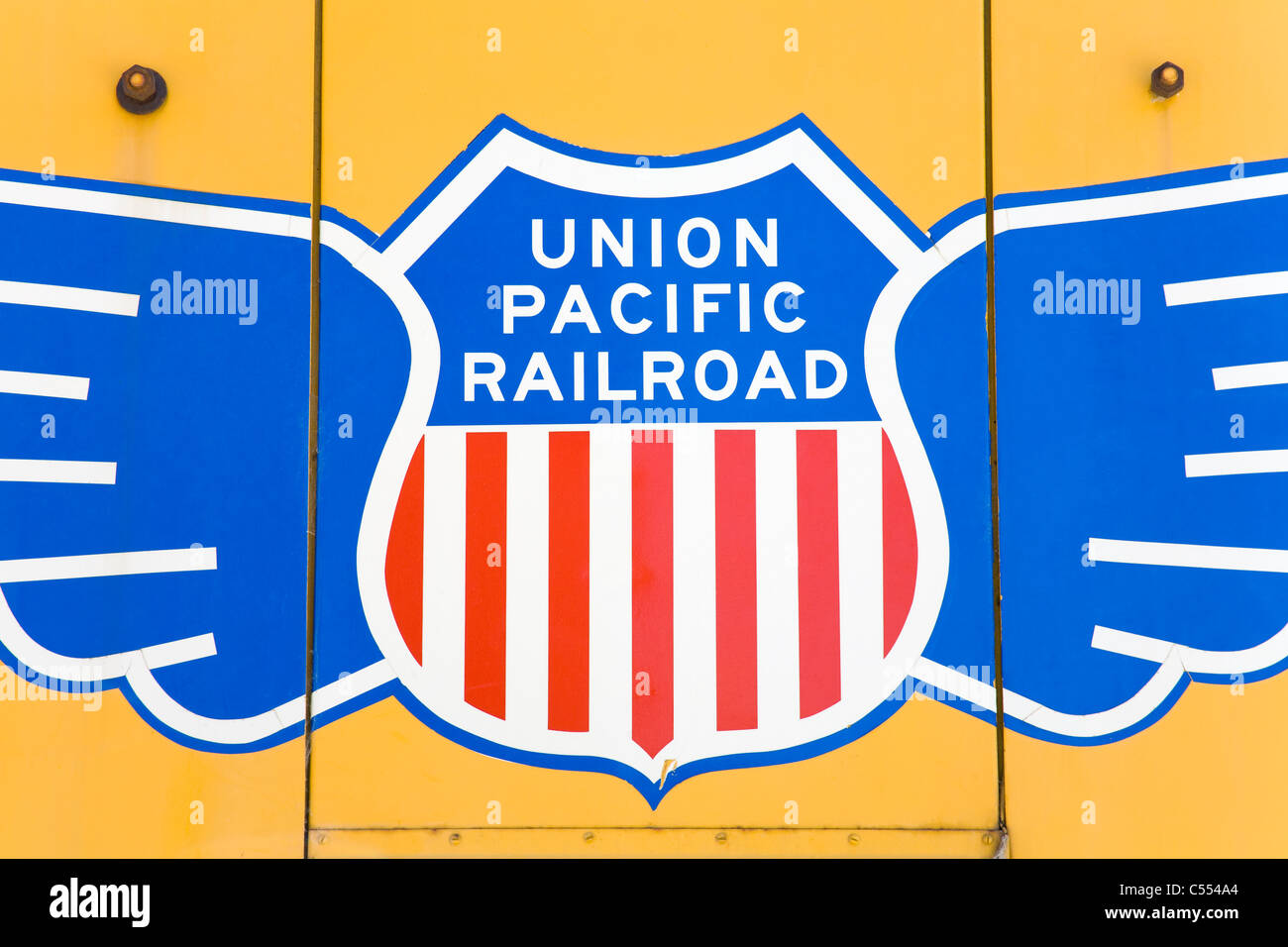 Railway emblem on a locomotive at a museum, Eccles Rail Center, Union ...