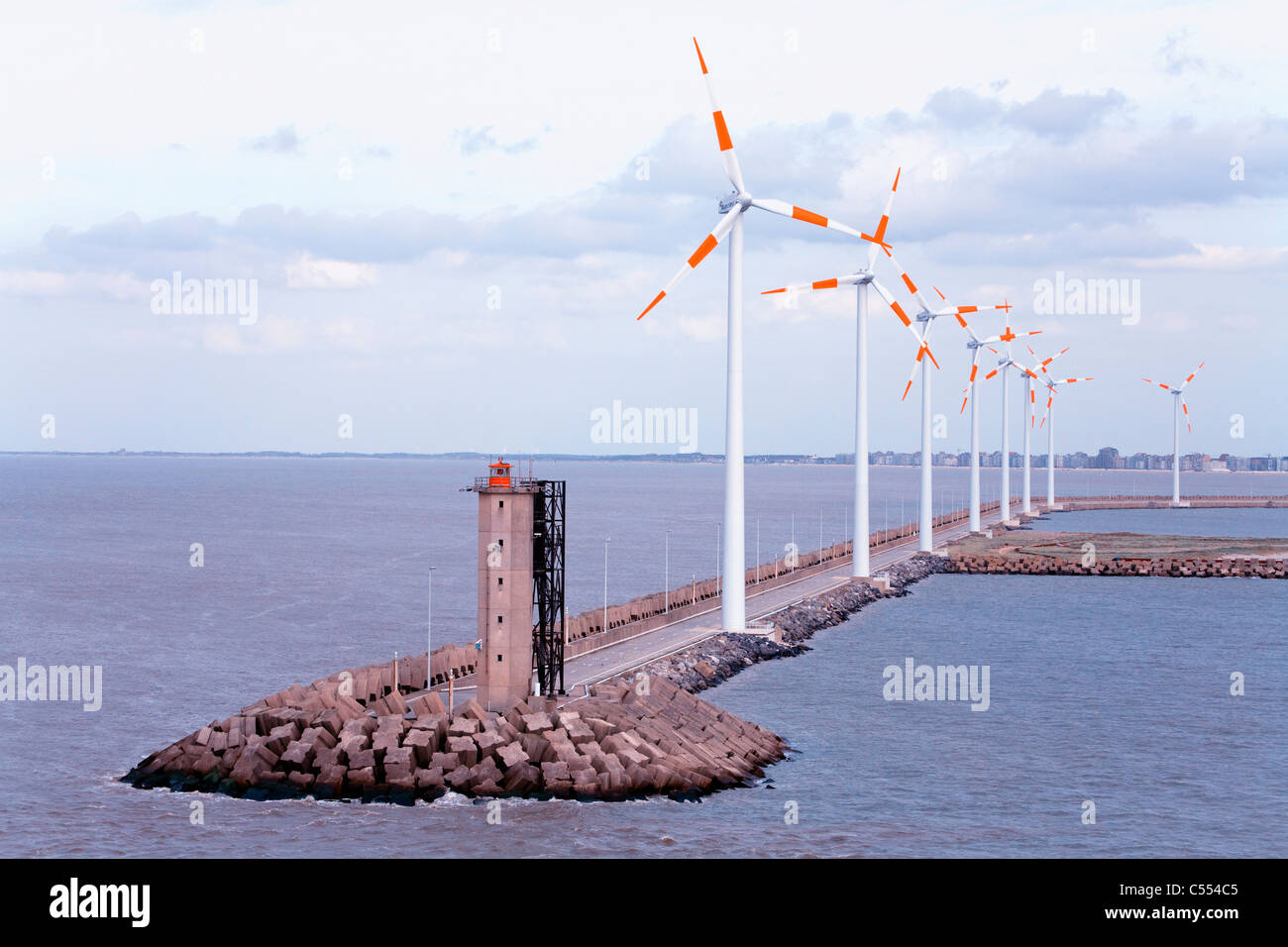 Lighthouse with wind turbines, East Breakwater Lighthouse, Port of ...