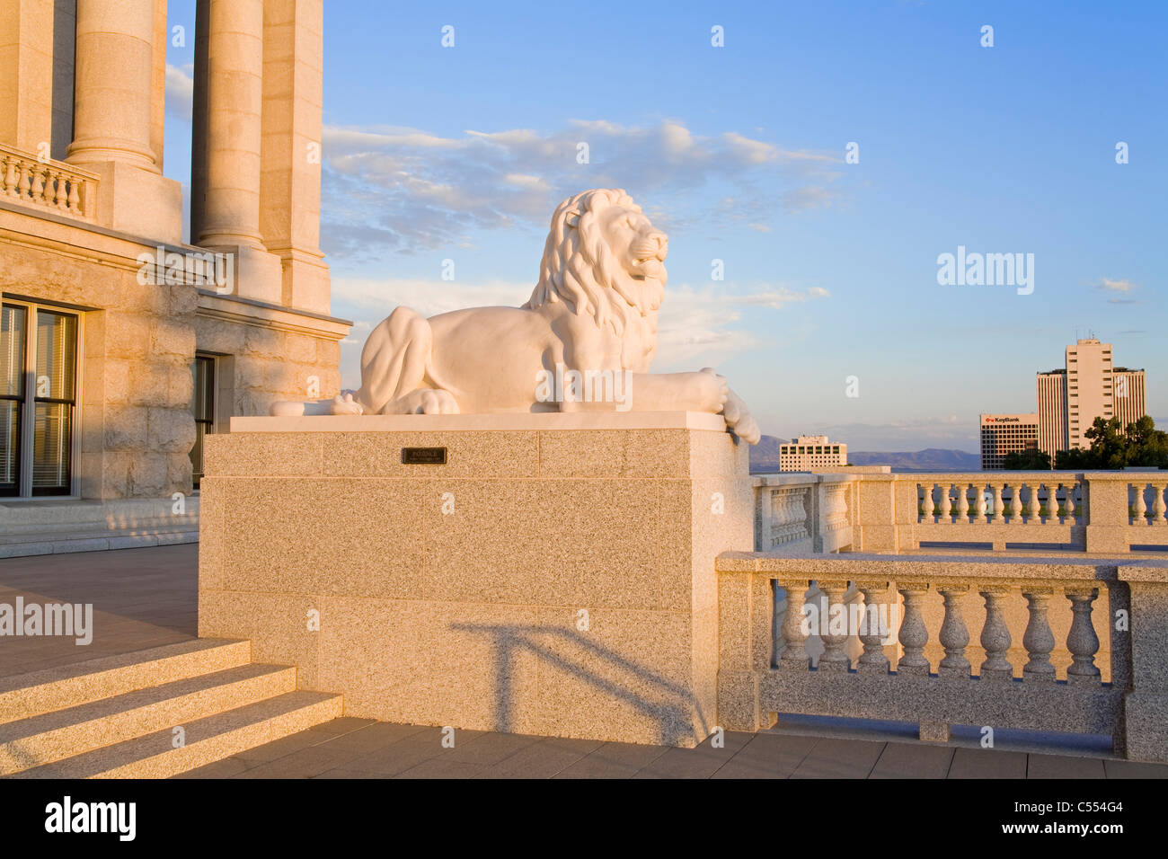 USA, Utah, Salt Lake City, lion sculpture on State Capitol Building ...