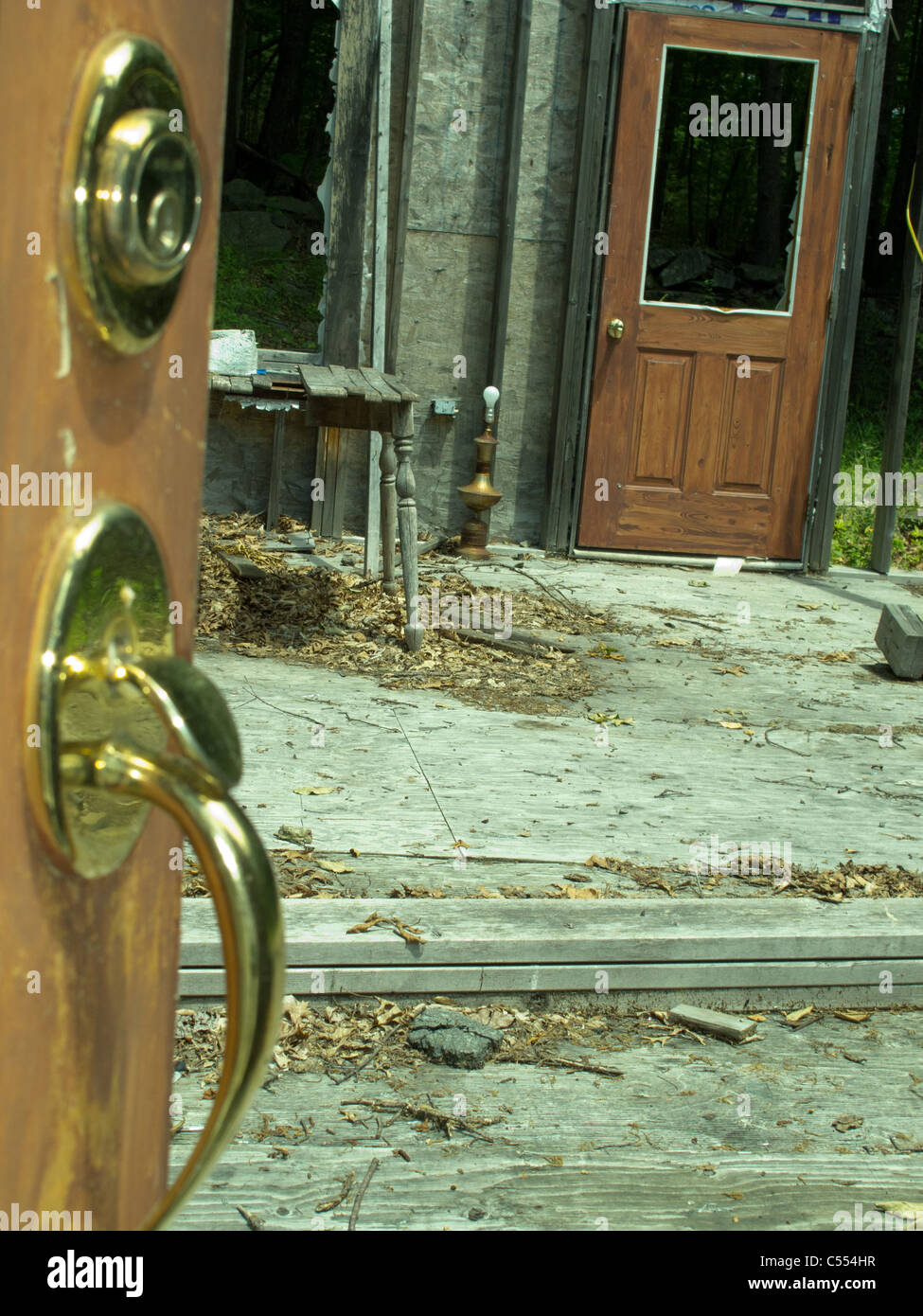 fire damaged house structure, abandoned, broken, door handle Stock ...