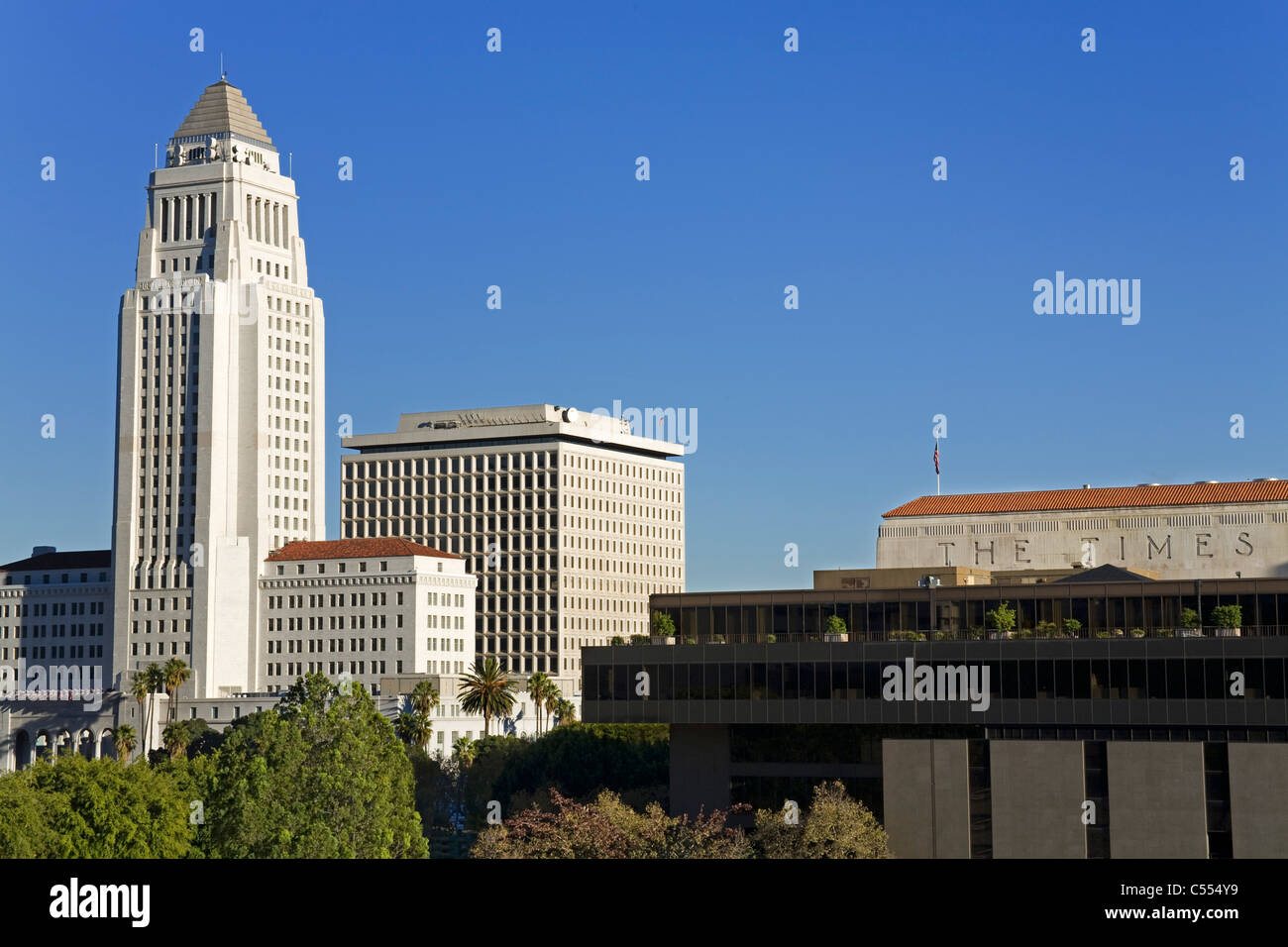 City hall and newspaper office in a city, Los Angeles City Hall, Los Angeles Times Building, Los ...