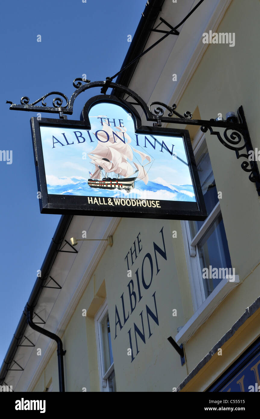 The Albion Inn pub sign, Wimborne Minster, Dorset, showing a battleship ...