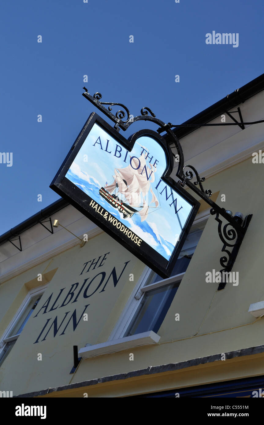 The Albion Inn pub sign, Wimborne Minster, Dorset, showing a battleship ...