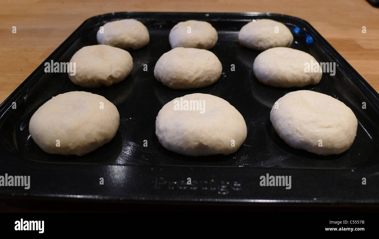Bread buns rising on a tray ready for the oven Stock Photo - Alamy