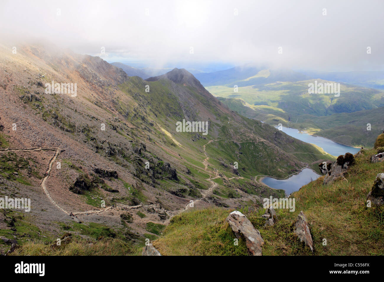 Glaslyn and Llyn Llydaw lakes on the PYG track in Snowdonia National ...