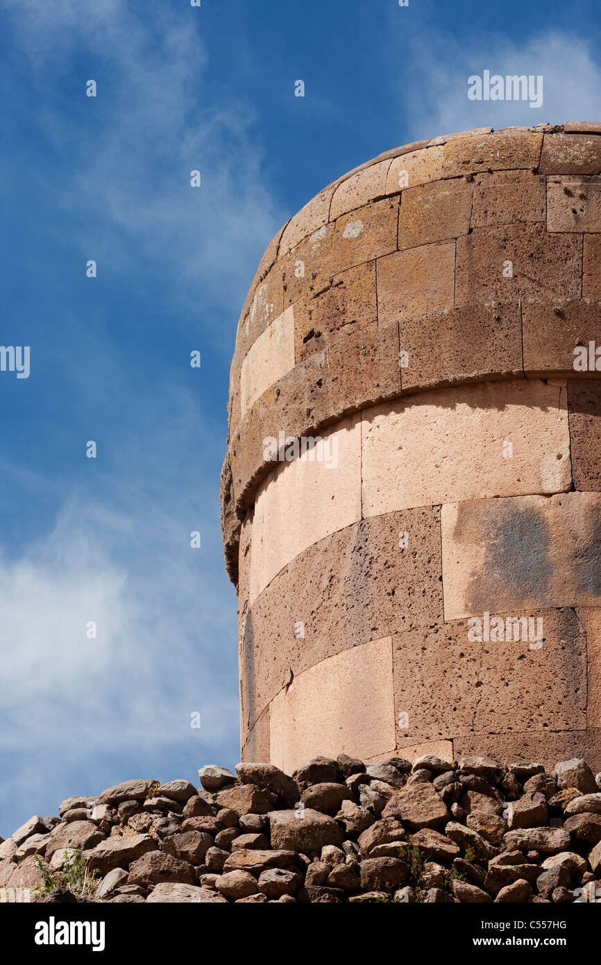 One of the funerary towers at Silustani close to Puno in Peru. The ...